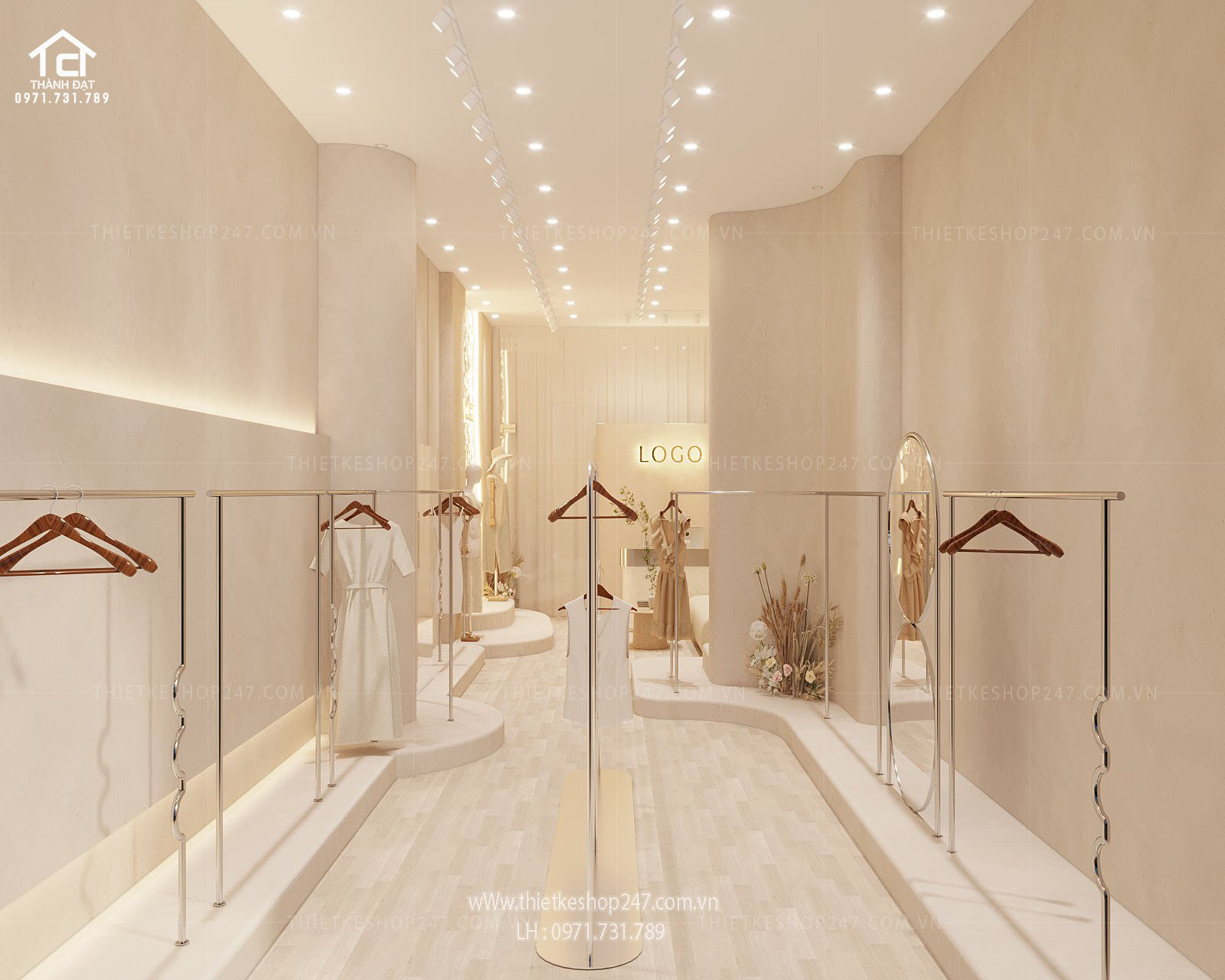 Mẫu thiết kế shop thời trang đẹp tinh tế, không gian sang trọng và hiện đại